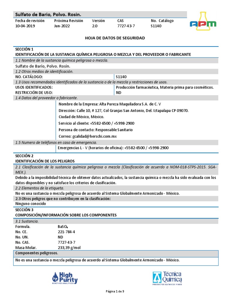 Hoja de Seguridad de Sulfato de Bario | Descargar gratis PDF | Agua ...