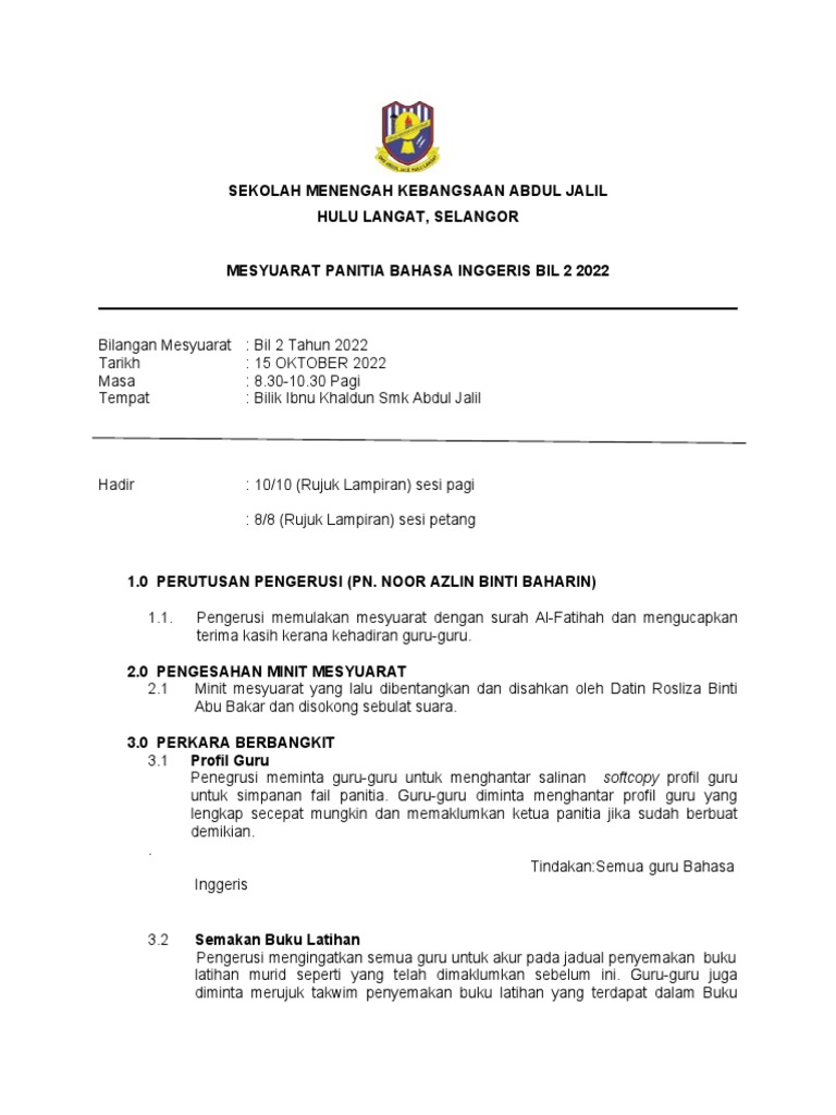 Minit Mesyuarat Bil 2 2022 | PDF