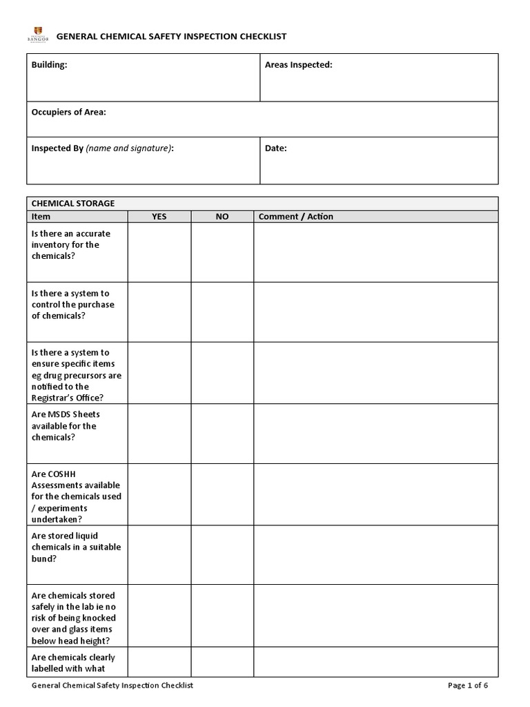 General Chemical Safety Inspection Checklist | PDF | Laboratories ...