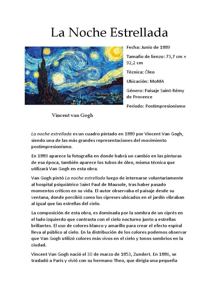 La Noche Estrellada | PDF | Vincent Van Gogh | Pinturas