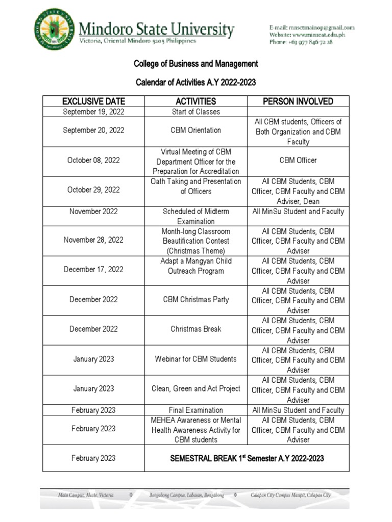 CBM Calendar of Activities A.Y 22 23 | PDF