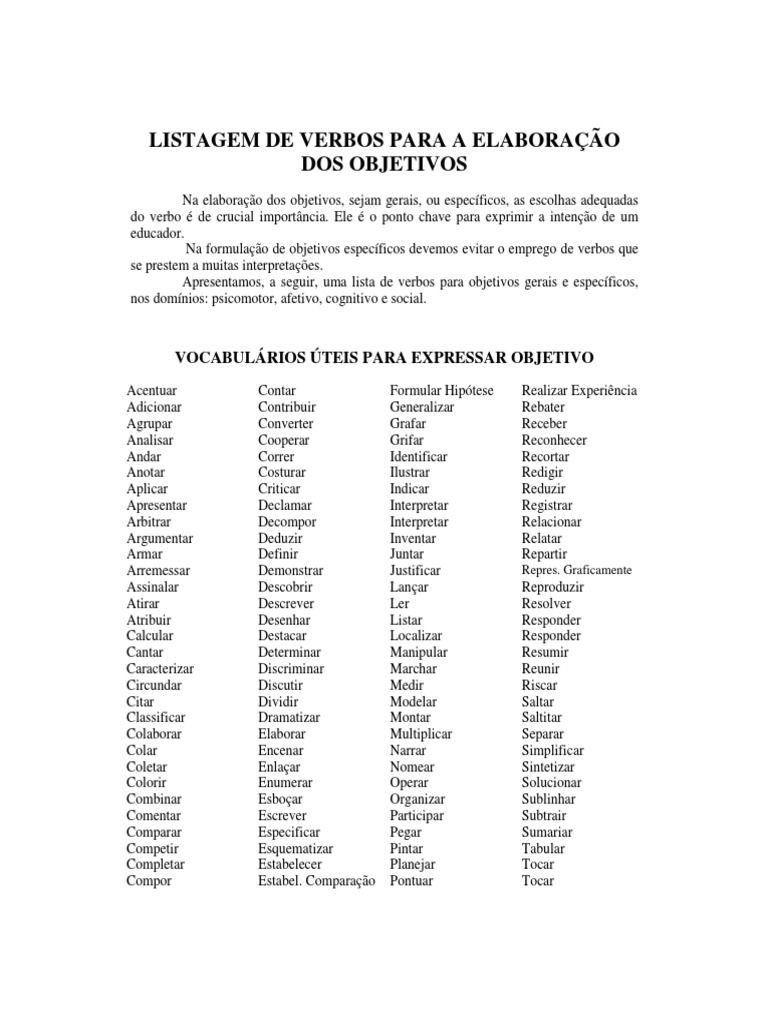 Listagem de Verbos para A Elaboração Dos Objetivos Geral & Específicos ...