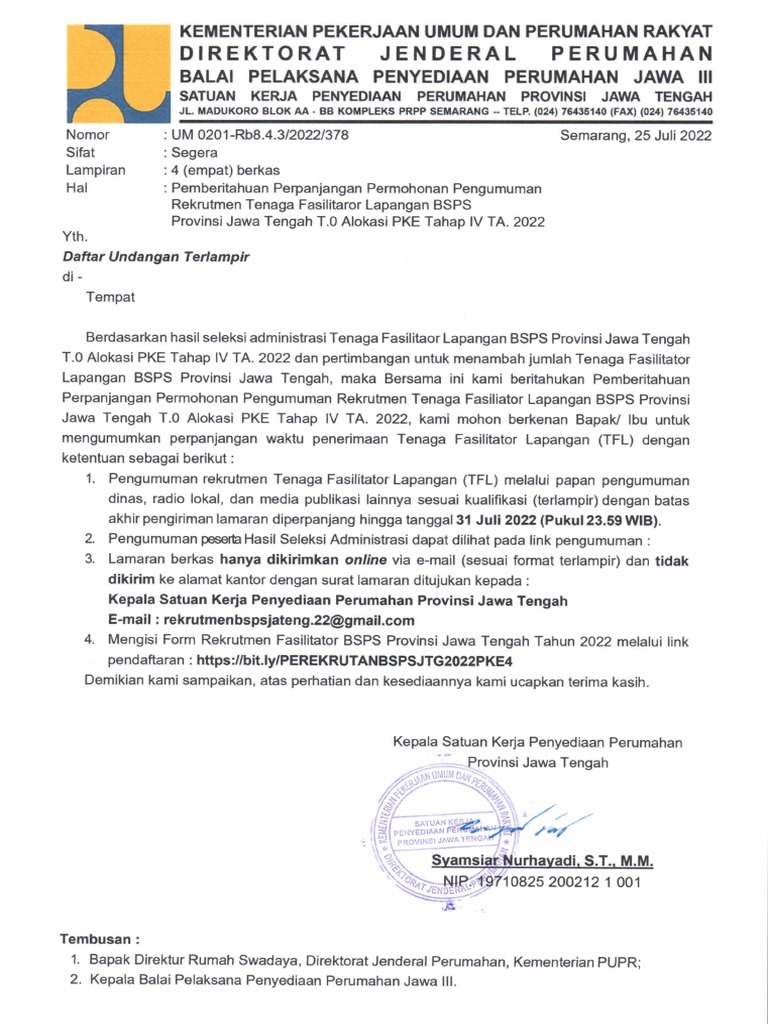 Pemberitahuan Perpanjangan Permohonan Pengumuman Rekrutmen Tenaga Fasilitator Lapangan BSPS Prov ...