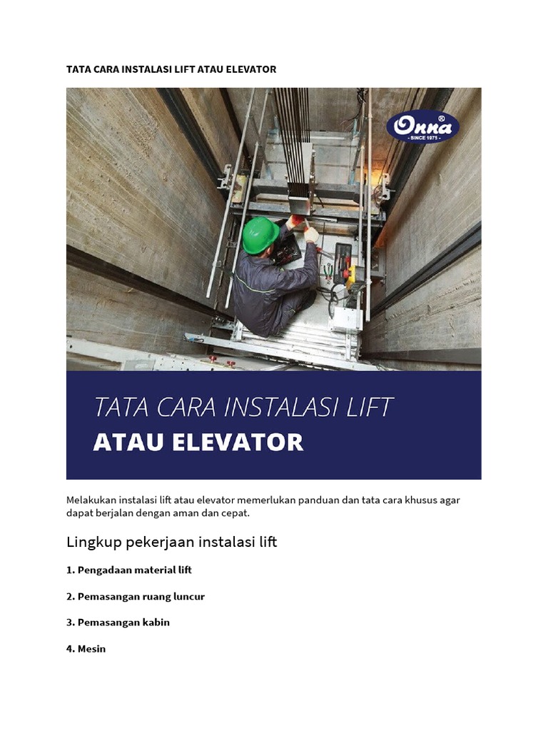 Tata Cara Instalasi Lift Atau Elevator | PDF