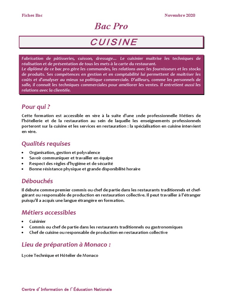 Bac Pro Cuisine - 2020 | Descargar gratis PDF | Cuisine | Chef