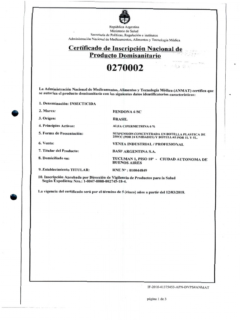 AR - Certificado ANMAT - Fendona® 6 SC | PDF