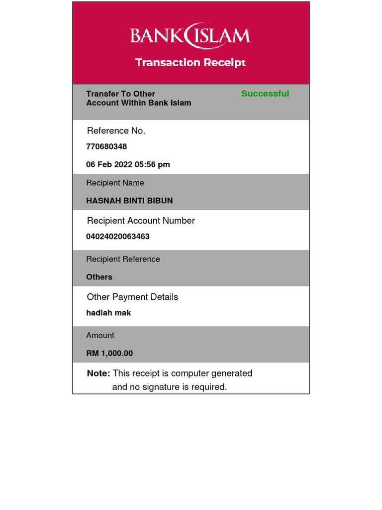 Bank Islam Transfer Receipt: RM 1,000 | PDF | Finance & Money Management