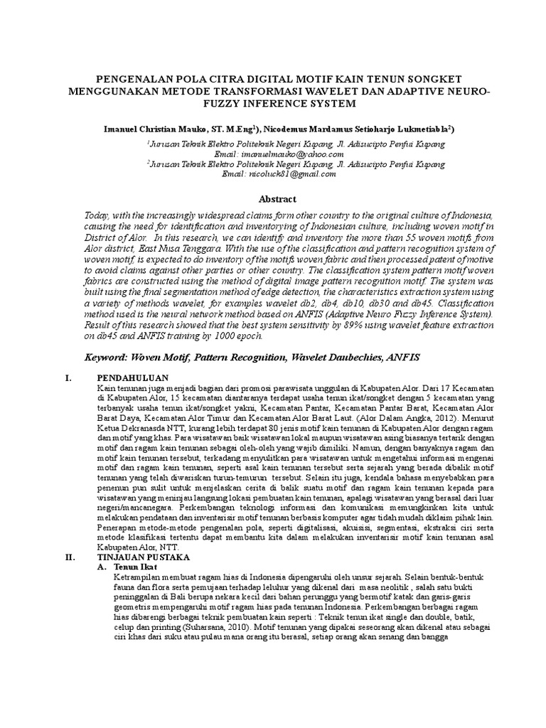 Pengenalan Pola Citra Digital Motif Kain Tenun Songket Menggunakan Metode Transformasi Wavelet ...