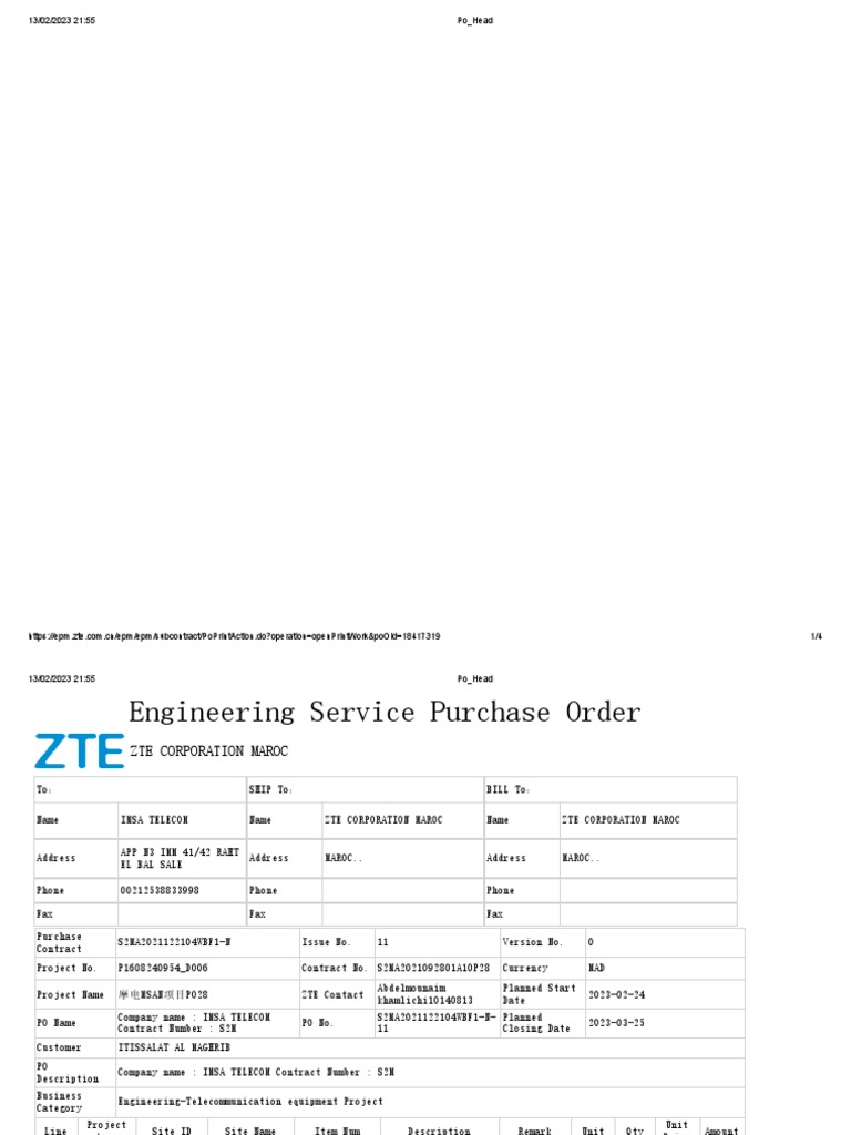 ZTE Corporation Maroc Purchase Order | PDF | Service Industries ...