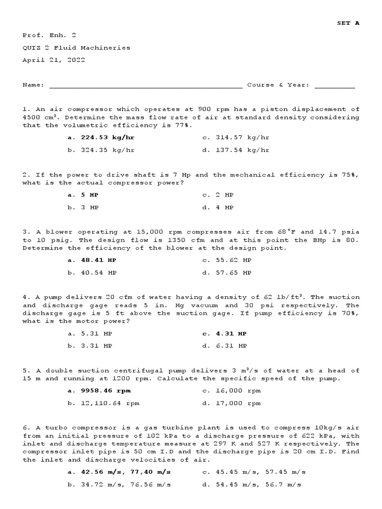 Fluid Machinery Quiz | PDF | Home & Garden | Science & Mathematics