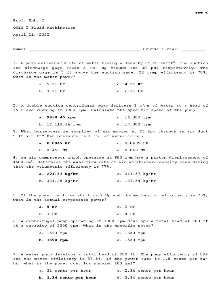 SET B With Answer Key Quiz 2 Fluid Machineries (Prof. Enh. 2) | PDF | Pump | Horsepower