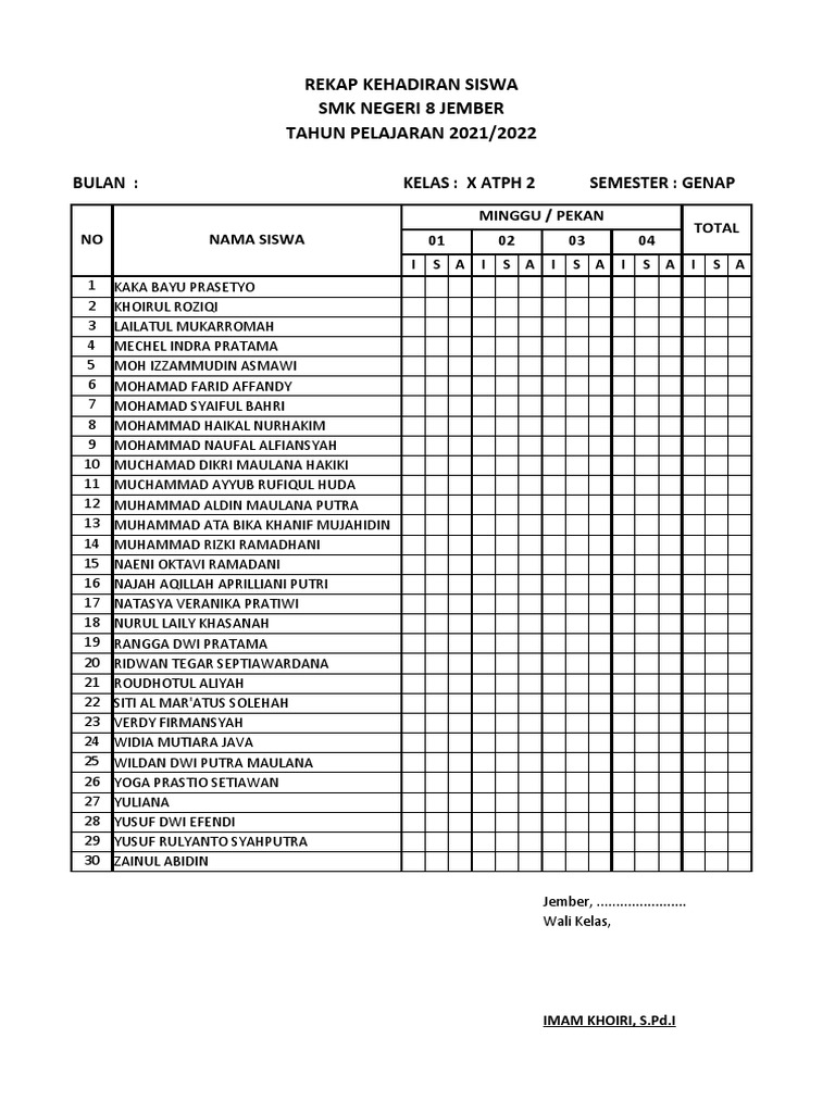 Rekap Kehadiran Siswa Per Bulan | PDF