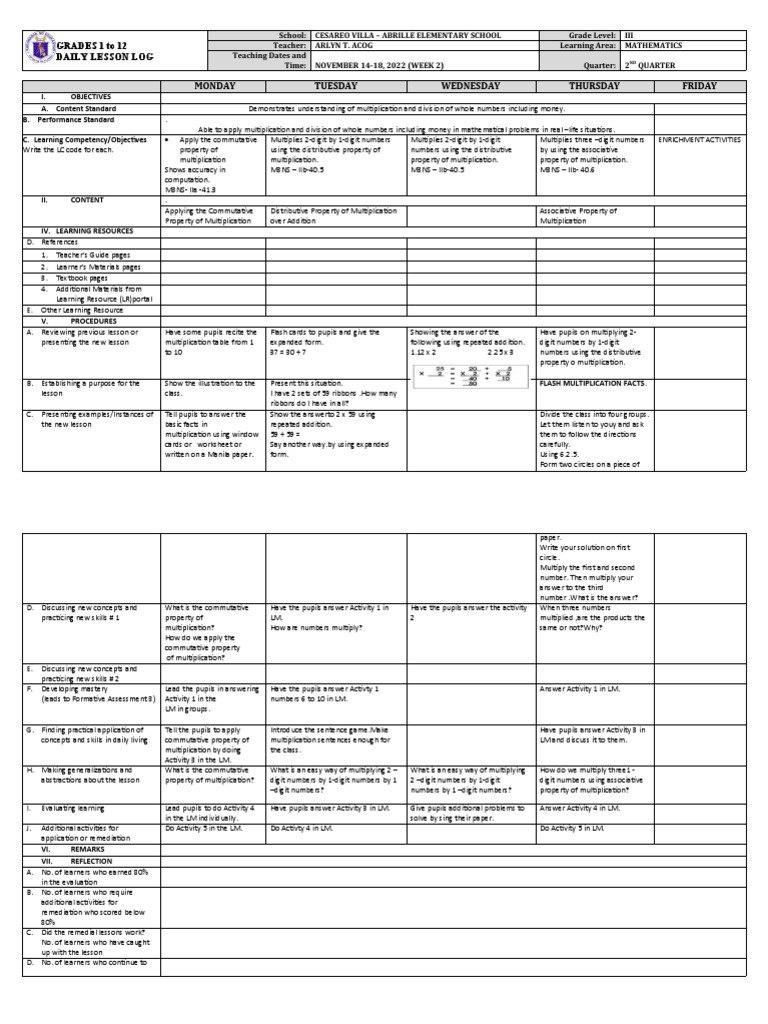 Grade 3 Math Daily Lesson Plan | PDF | Multiplication | Teachers
