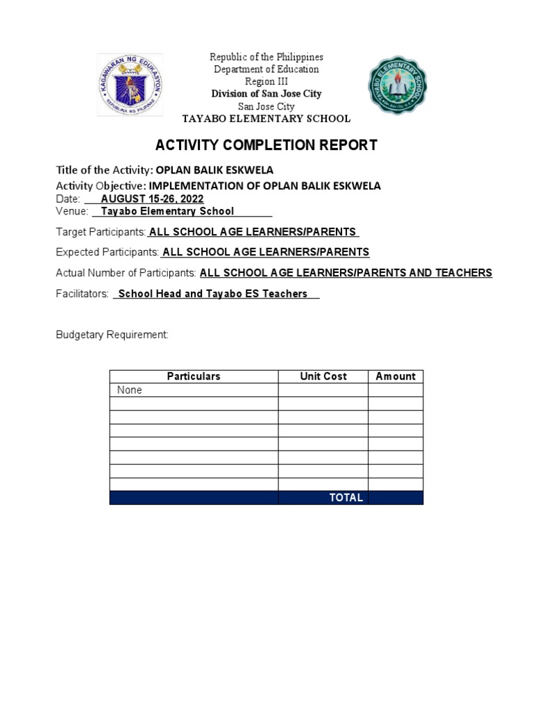 Oplan Balik Eskwela Completion Report | PDF