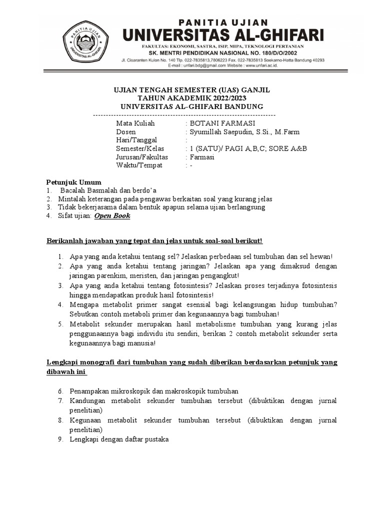 0 UAS Botani Farmasi | PDF | Pengembangan Diri | Sains & Matematika