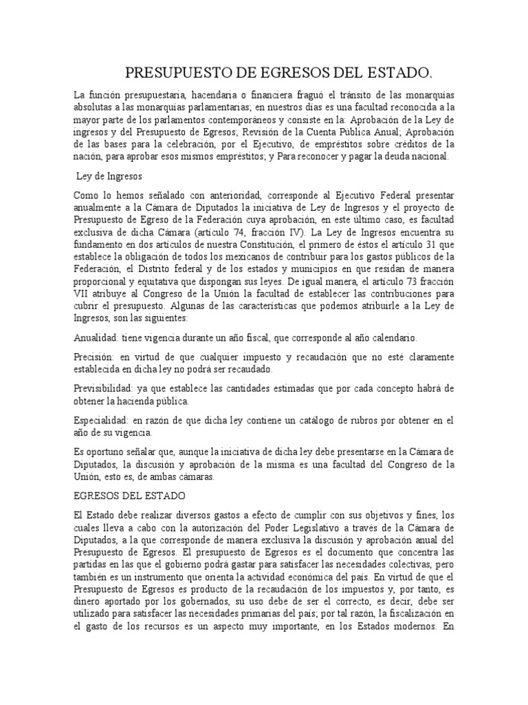 PRESUPUESTO DE EGRESOS DEL ESTADO Tarea 1 | PDF | Presupuesto | Federación