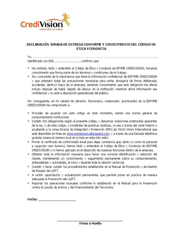 Declaración Jurada de Entrega Conforme y Conocimiento Del Código de Étic.. | Descargar gratis ...