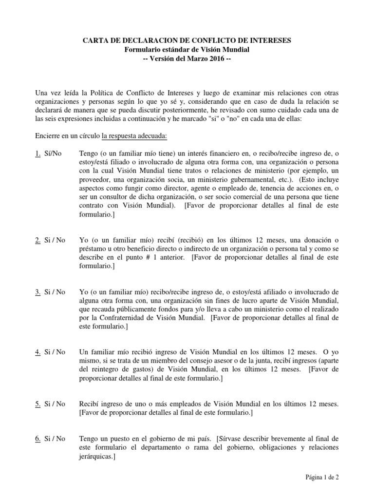 Carta de Declaracion de Conflicto de Intereses PP | PDF