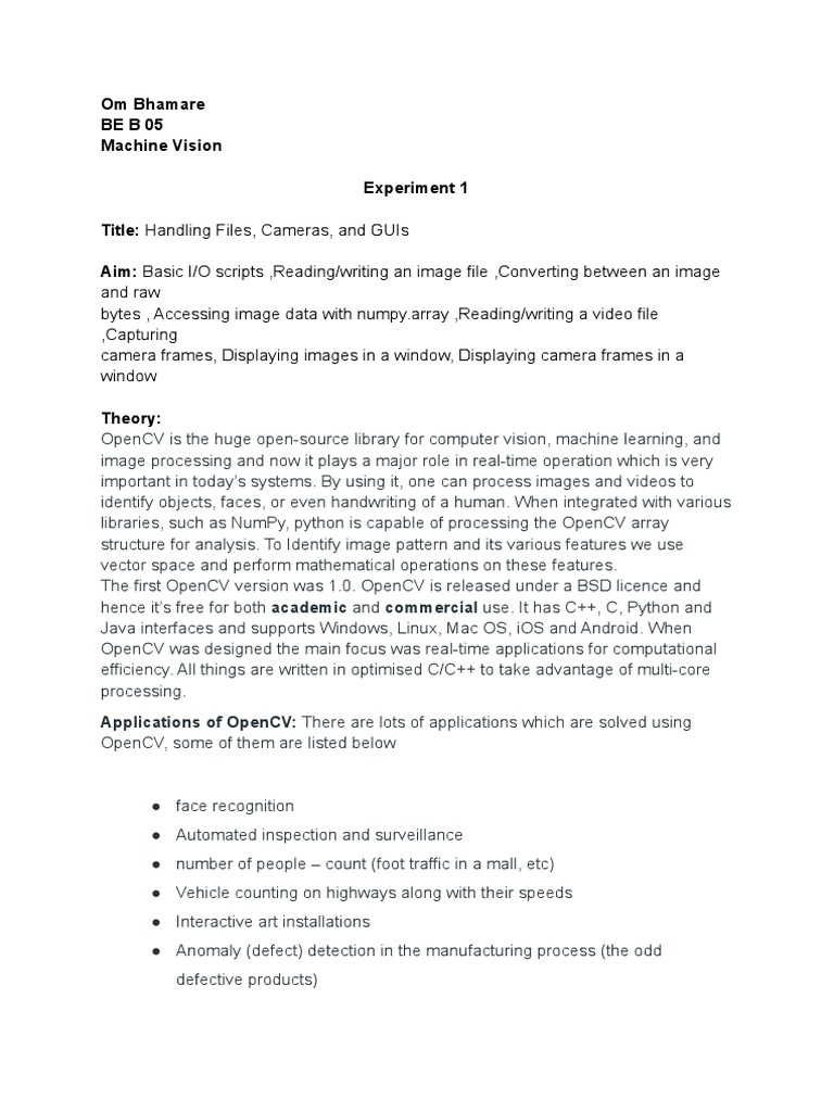 Machine Vision Exp 1 (Mumbai Univesrity) | PDF | Computer Vision | Graphical User Interfaces