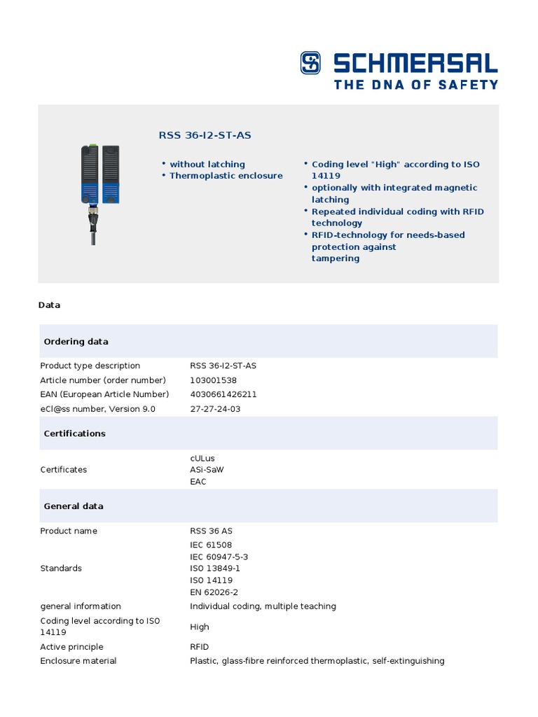 Schmersal RSS 36-I2-D-ST Overview | PDF | Electronics | Manufactured Goods