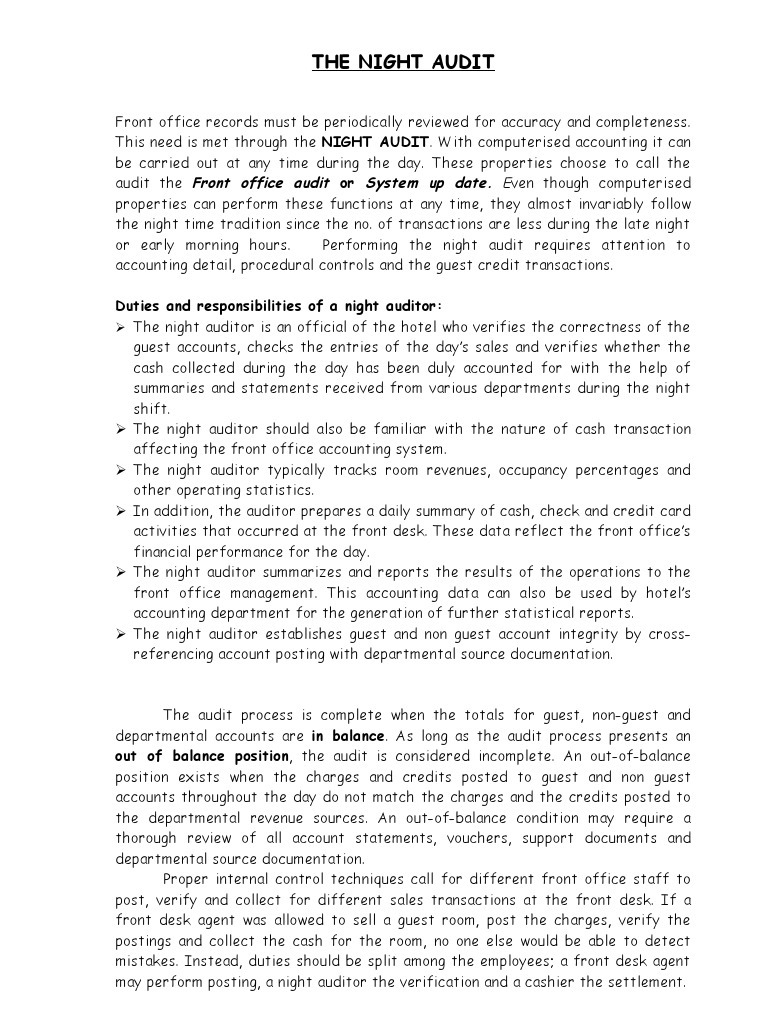 The Night Audit Procedure | PDF | Debits And Credits | Audit