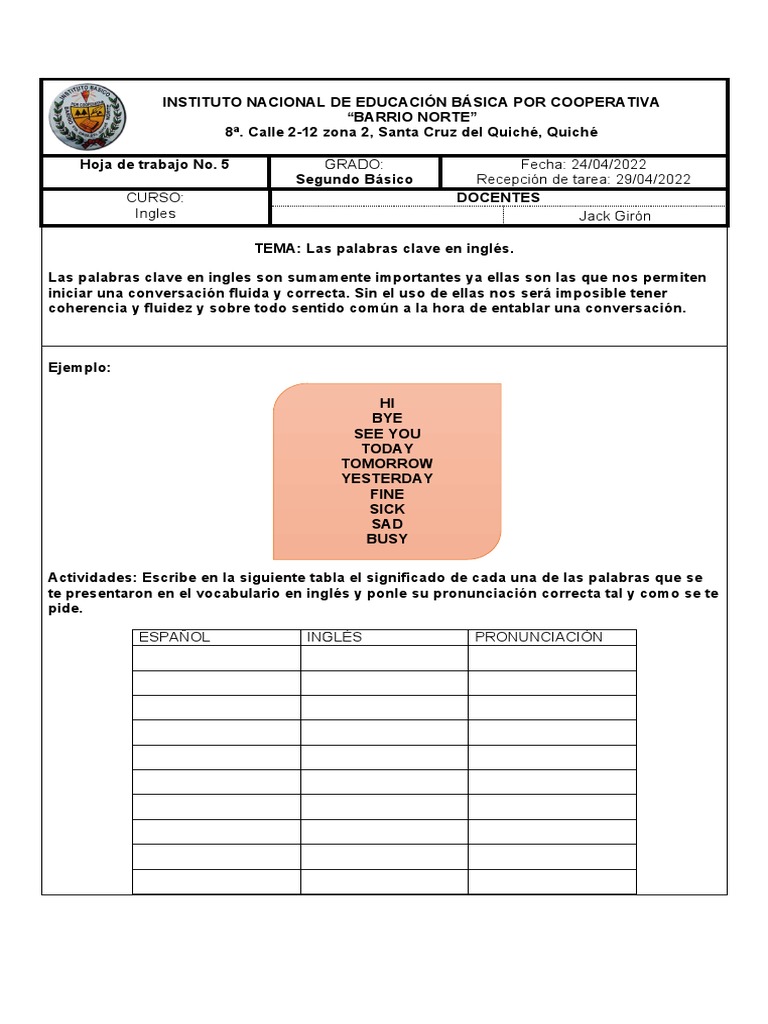 Inglés. Hoja de Segundo Basico | PDF