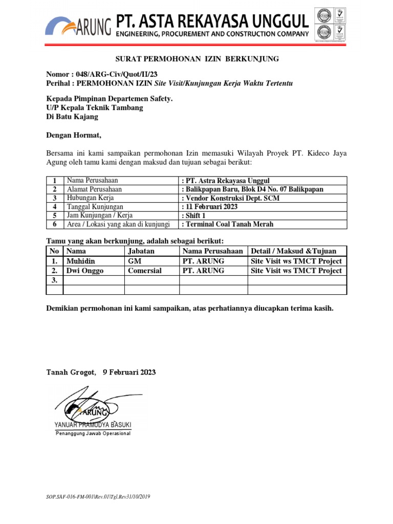SOP - SAF-016-FM-001 FORM IZIN SITE VISIT TAMU - Rev01 2023 | PDF