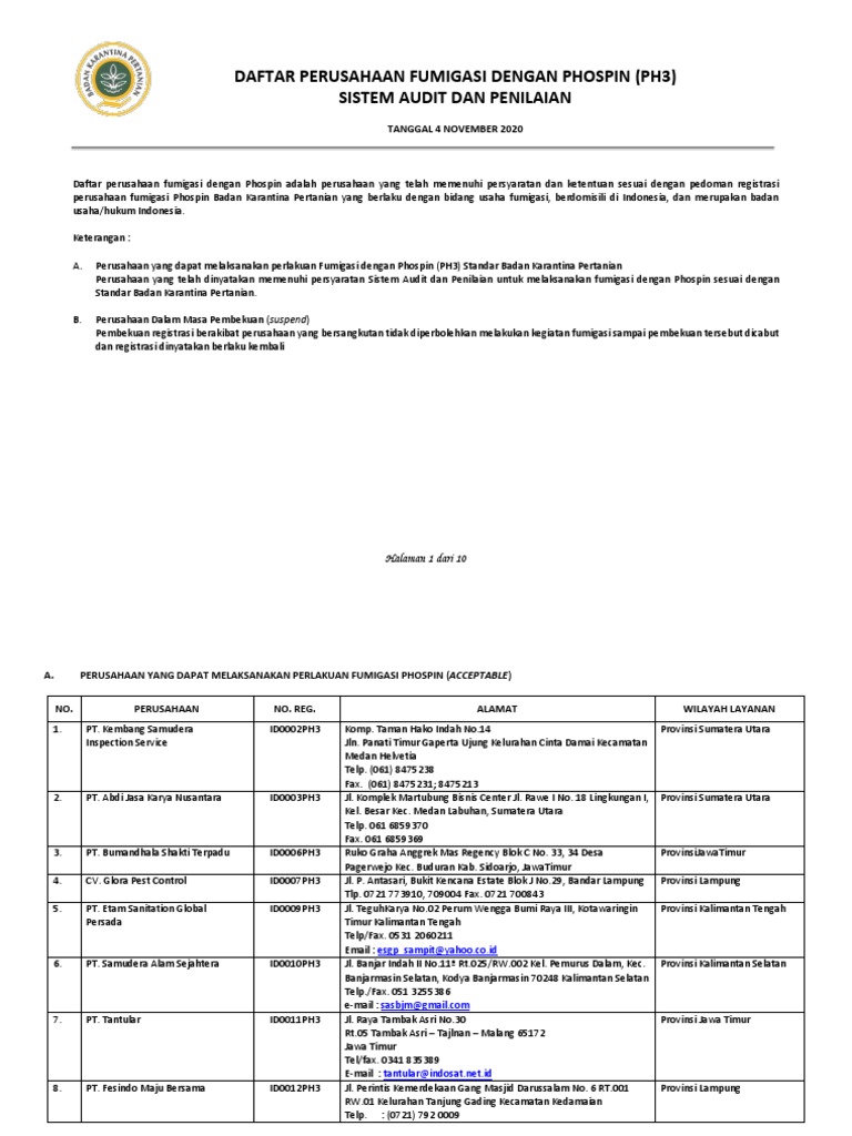 Daftar Perusahaan Fumigasi Phospin | PDF