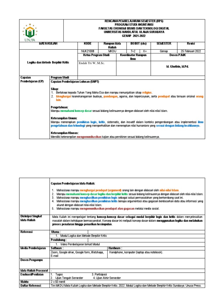 Rps Berpikir Logis Dan Kritis | PDF