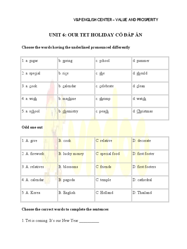 De Kiem Tra Tieng Anh 6 Unit 6 Our Tet Holiday | PDF | Public Holiday | Religious Holidays