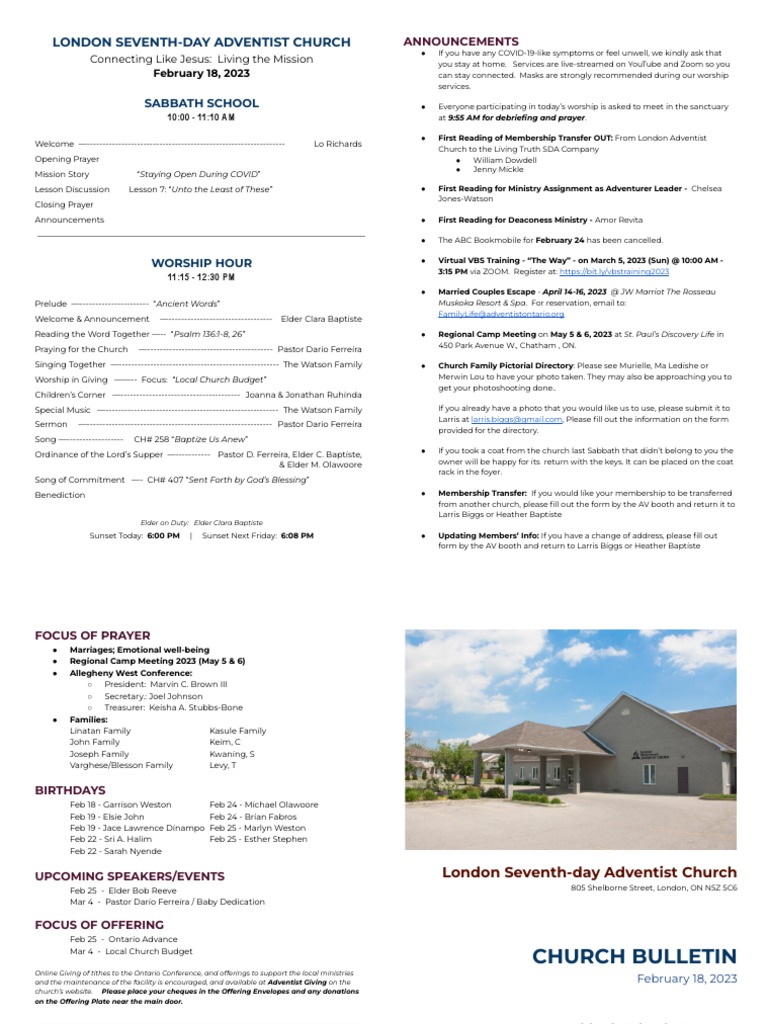 London SDA Church Bulletin - Feb 18, 2023 | PDF | Seventh Day Adventist ...