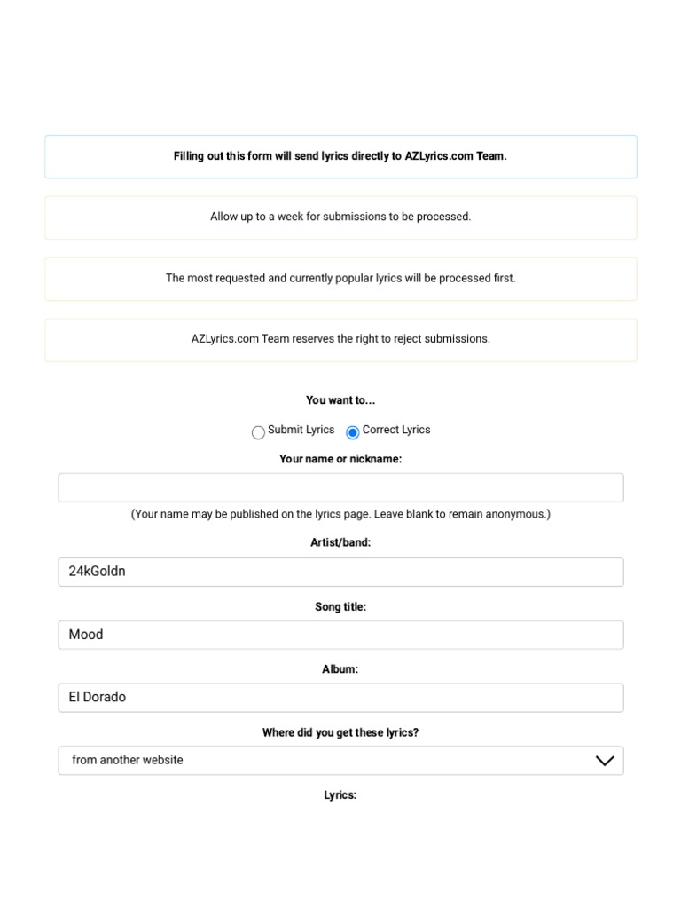 AZLyrics - Submit - Correct Lyrics | PDF | Poetry