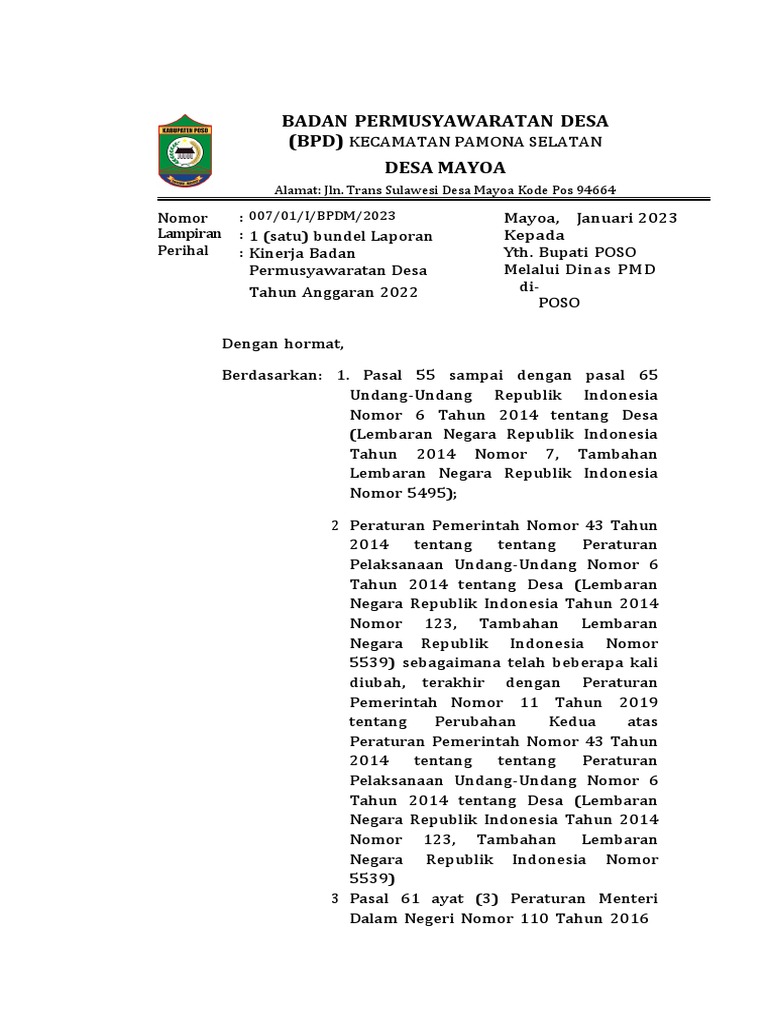 Laporan Kinerja BPD Desa Mayoa Tahun 2022 | PDF