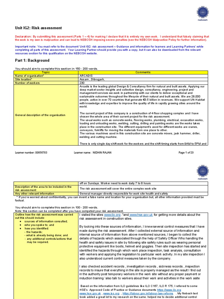 Unit IG2: Risk Assessment | PDF | Noise | Dust