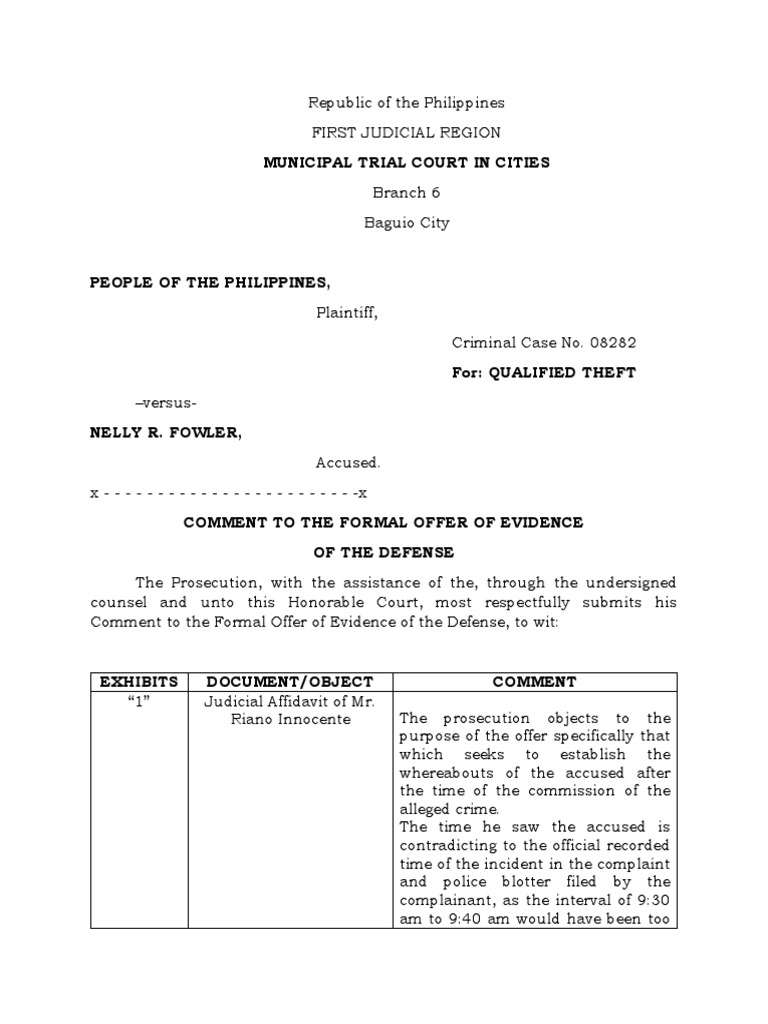 Prosecution's Comment on the Defense's Formal Offer of Evidence in the ...