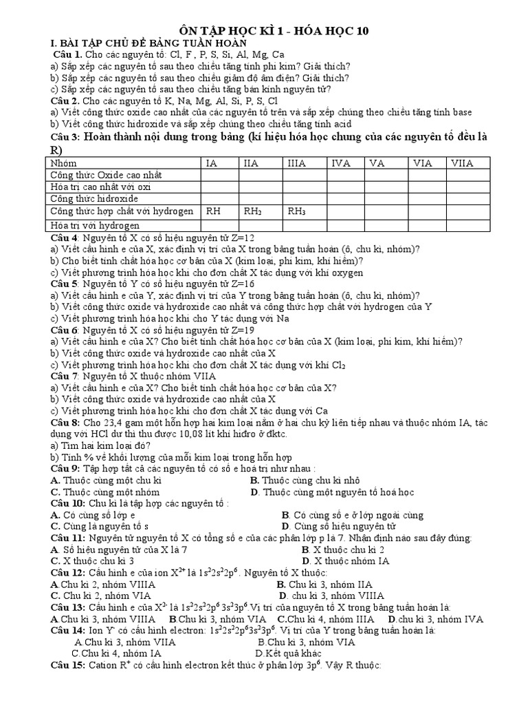 Dap An de Cuong On Tap Hoc Ki 1 Hoa 10 | PDF