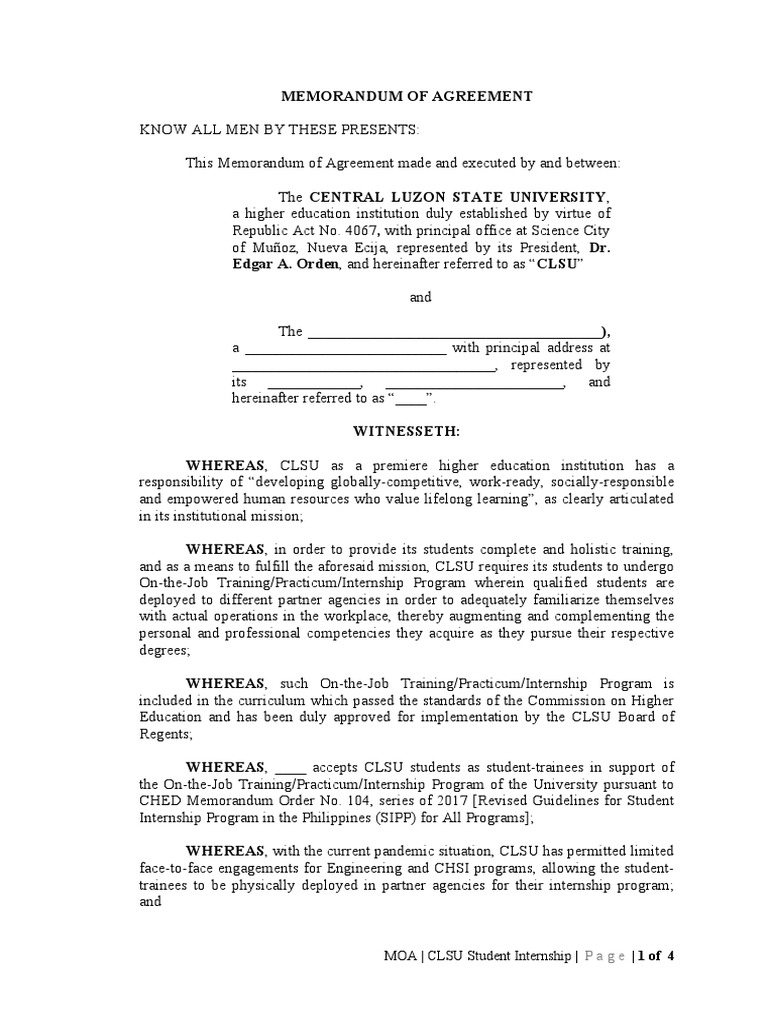 CLSU MOA - Internship Template Face-To-Face | PDF | Internship | Job ...