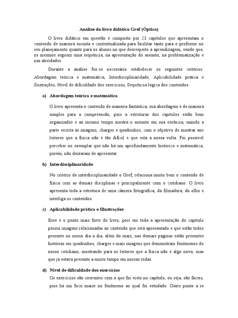 Análise Do Livro Didático Gref (Óptica) | PDF | Interdisciplinaridade | Aprendizado
