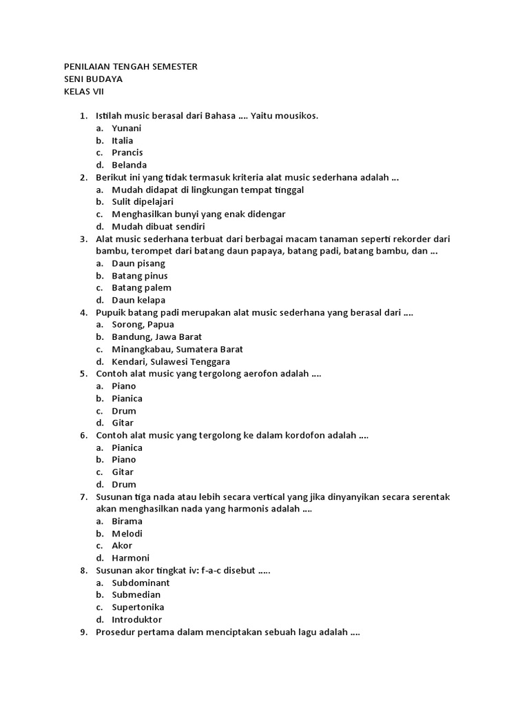 Ujian Seni Budaya Kelas VII | PDF | Seni | Puisi