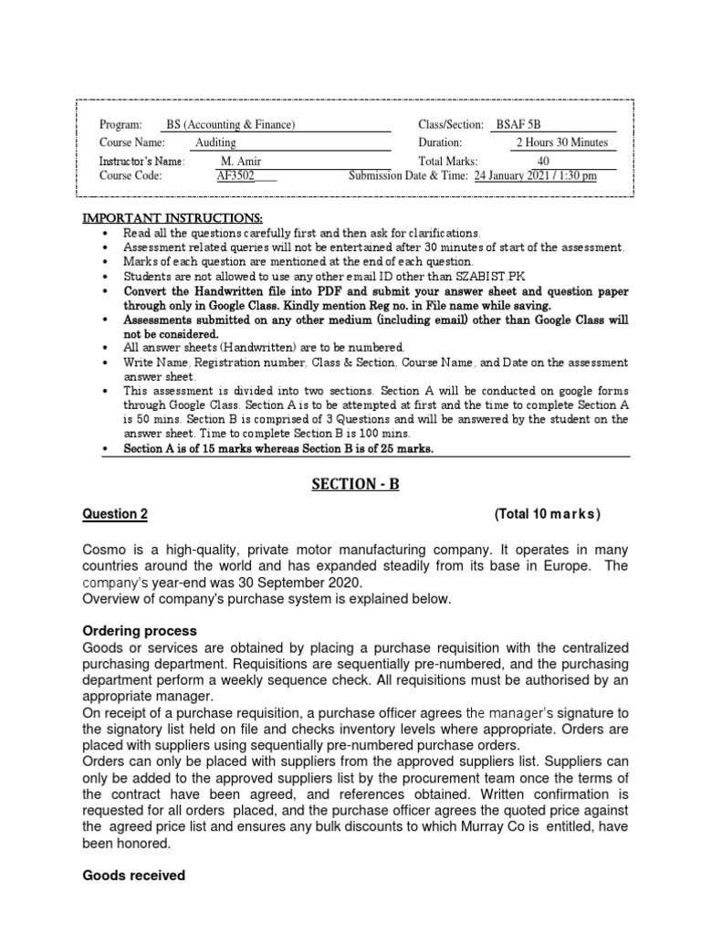 Auditing Assessment Answers | PDF | Cheque | Invoice
