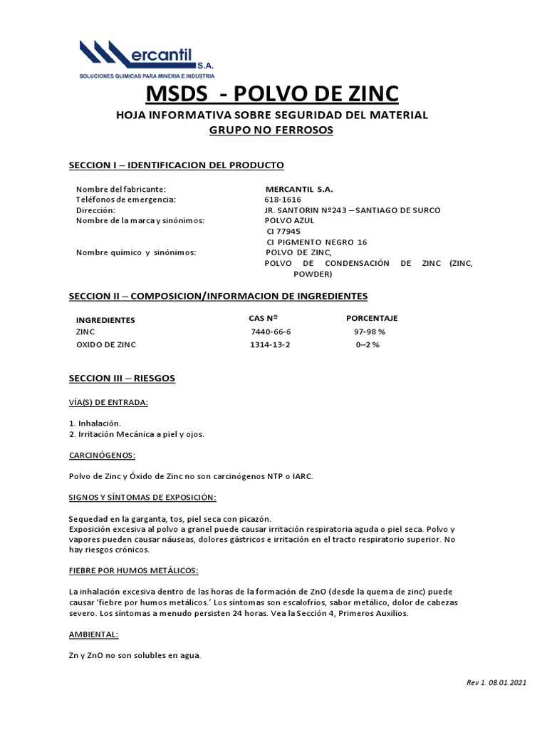 Msds Polvo De Zinc Pdf Óxido De Zinc Agua 