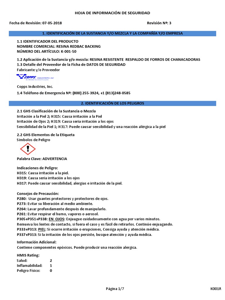 Hojas MSDS Redbac Backing Resina Actualizada | PDF | Agua | Ventilación ...