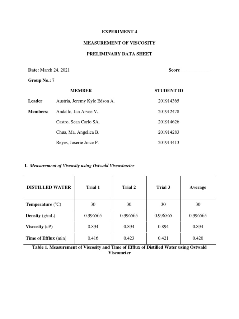 Data Sheet Experiment 4 - Group 7 | PDF | Viscosity | Ethanol Data Sheet Experiment 4 - Group 7 | PDF | Viscosity | Ethanol
