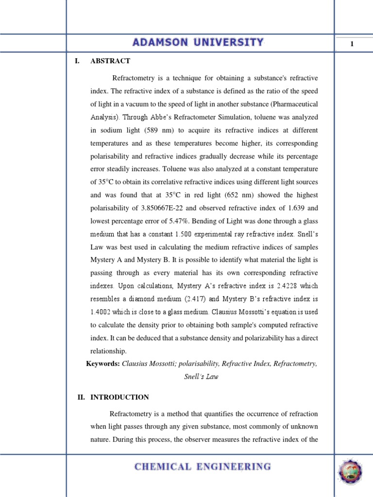 Laboratory Report - Module 2 (Refractometry) | PDF | Refractive Index ...