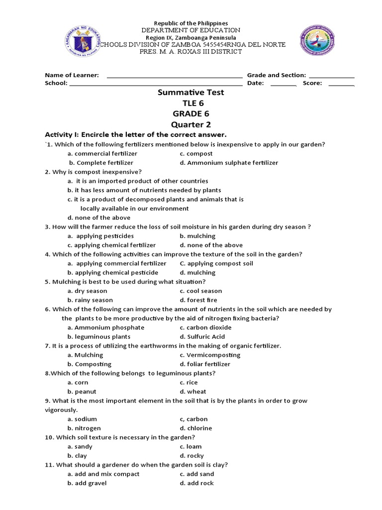 Tle 6 q2 Sumative Test | PDF | Fertilizer | Soil