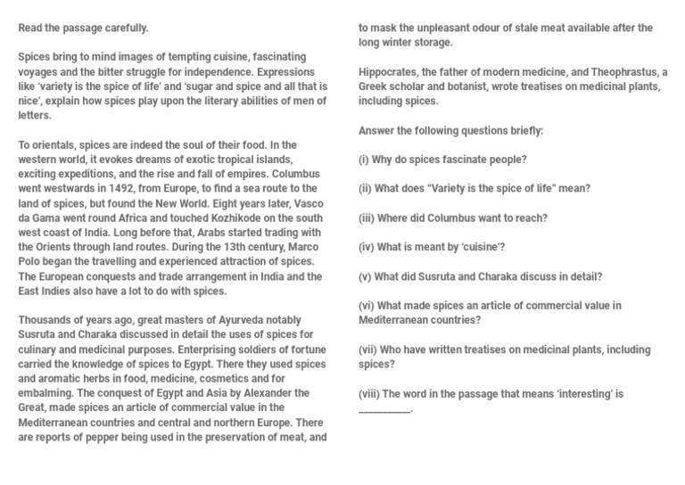 The History and Uses of Spices According to an Informational Passage ...