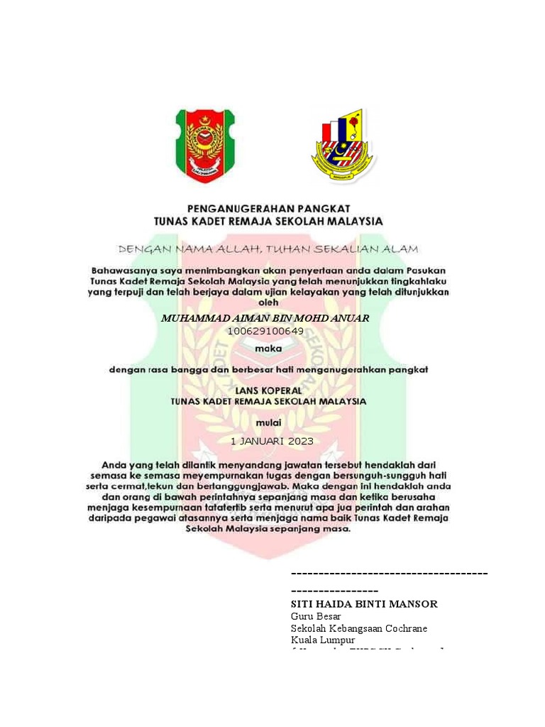 Templat Sijil Lans Koperal TKRS | PDF