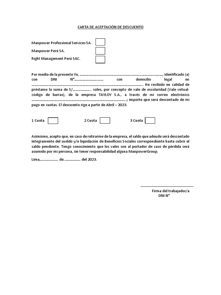 Carta de Aceptación de Descuento | PDF