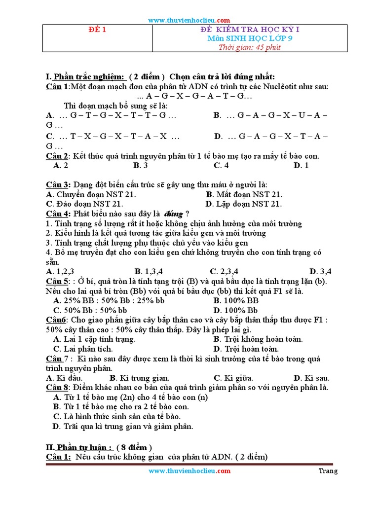 20 de Thi Hk1 Sinh Hoc 9 Co Dap An | PDF