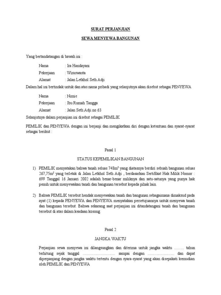 SURAT PERJANJIAN SEWA BANGUNAN | PDF